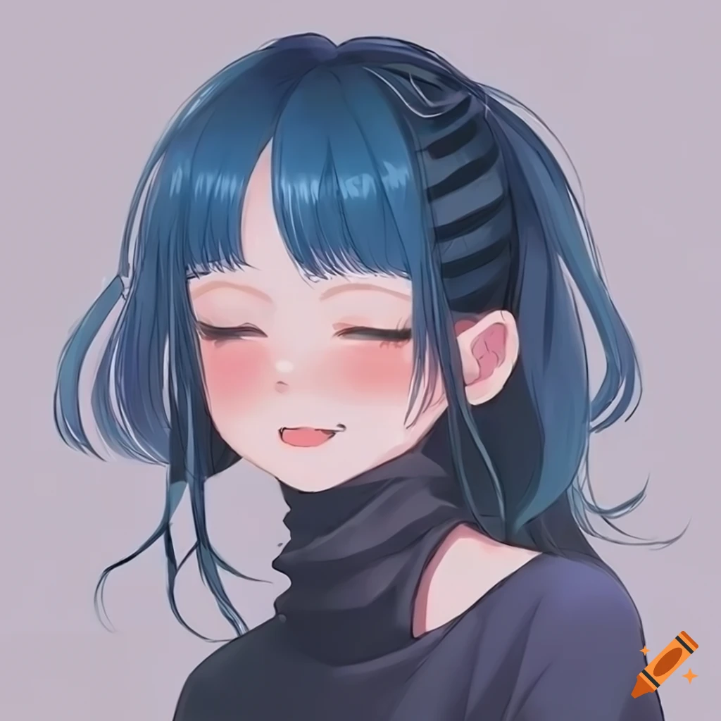 Smiling anime panda woman with blue hair