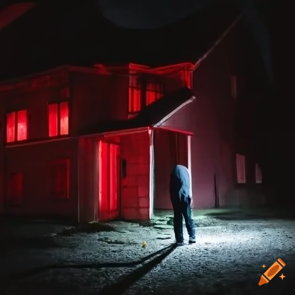 Creepy person standing outside a house at night on Craiyon
