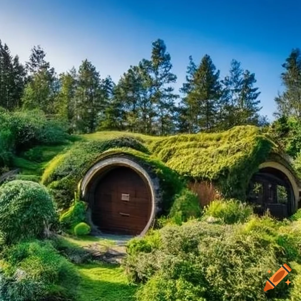Picture of a mossy hobbit cottage surrounded by greenery