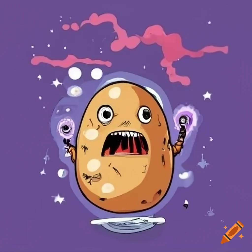Cartoon of a potato man battling in space on Craiyon