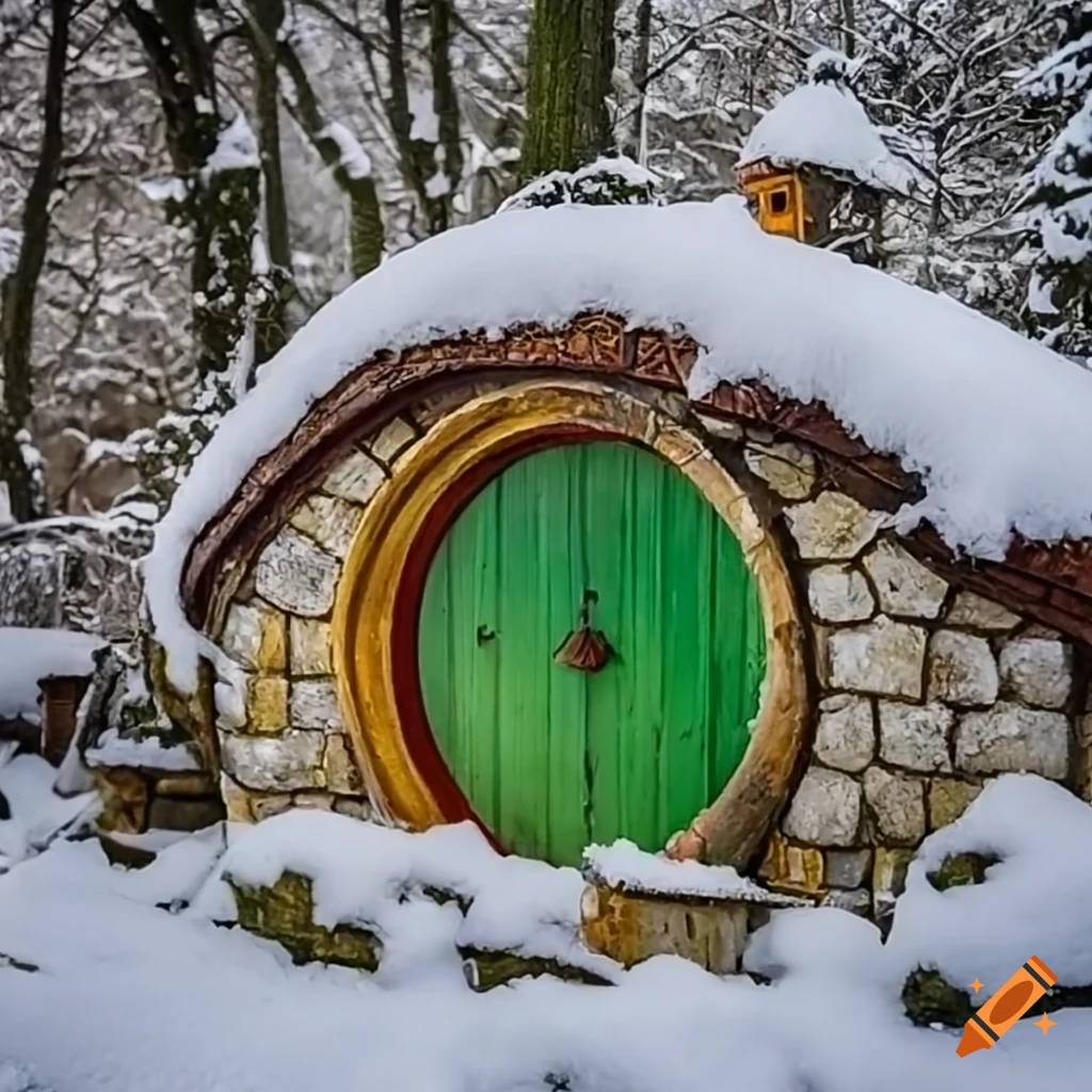 Close up of a snowy mushroom fairy hobbit house on Craiyon