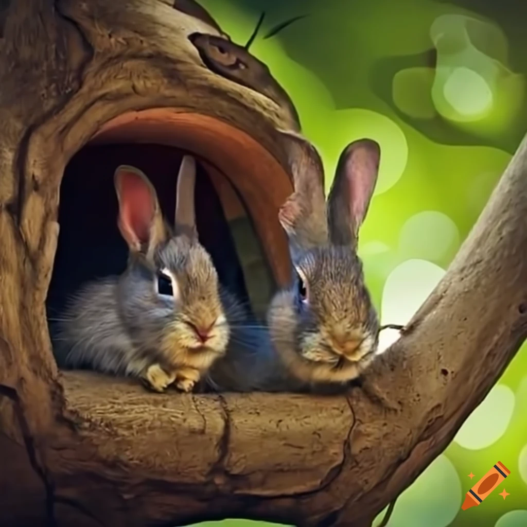 Rabbits climbing up a treehouse on Craiyon