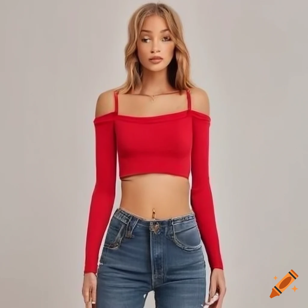 Red skinny jeans and crop top fashion ensemble