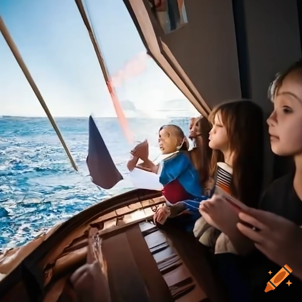 Ship school with students waving out of the window on Craiyon