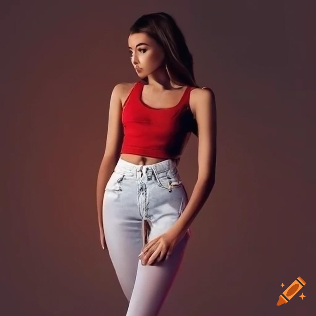 Red skinny jeans with white crop top