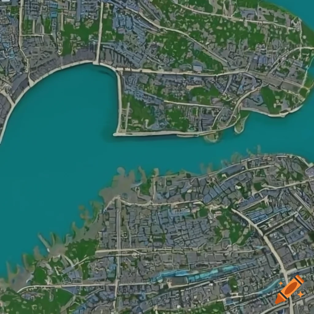 Colorful map of twin cities with a river on Craiyon