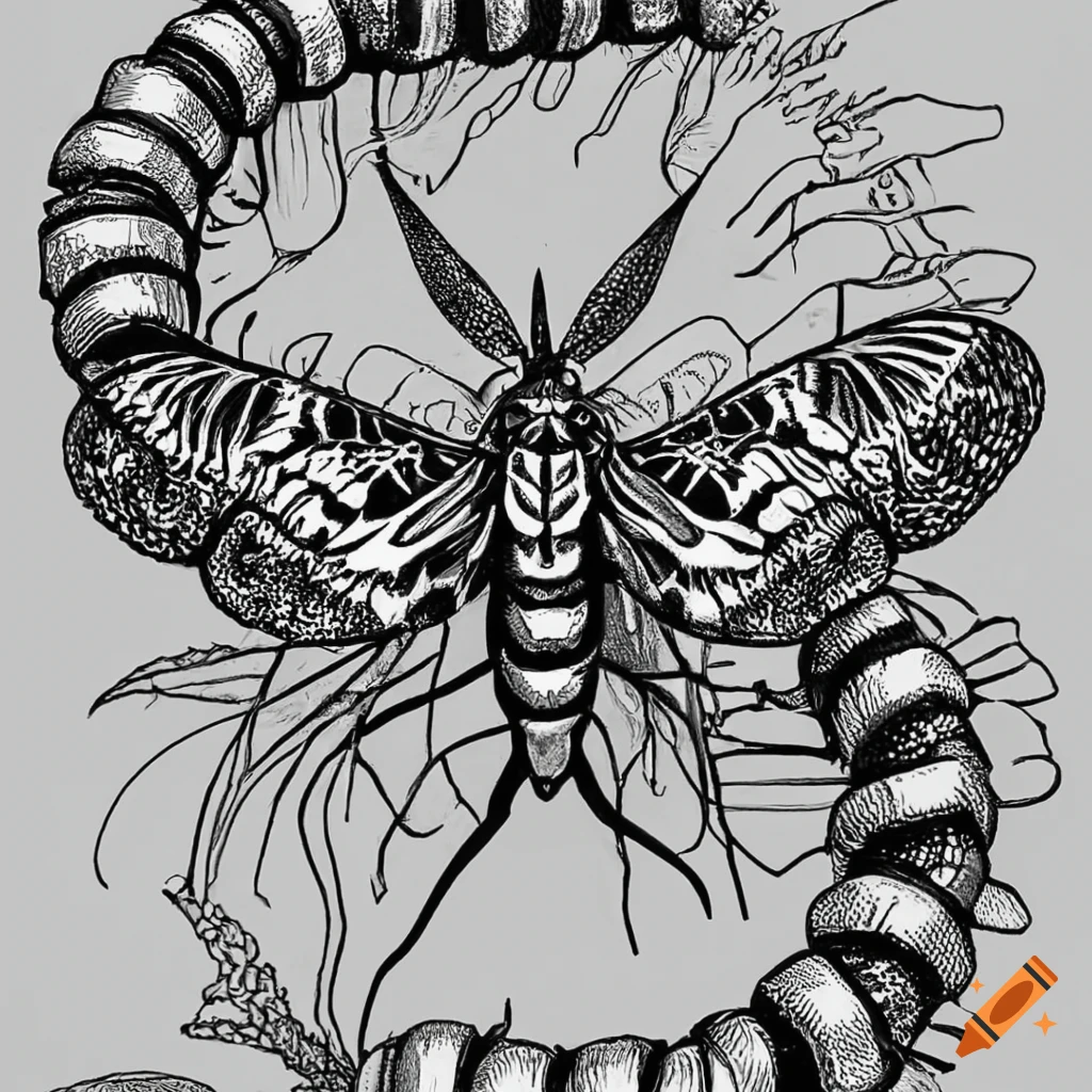 Black and white tattoo design of a moth fighting a centipede on Craiyon