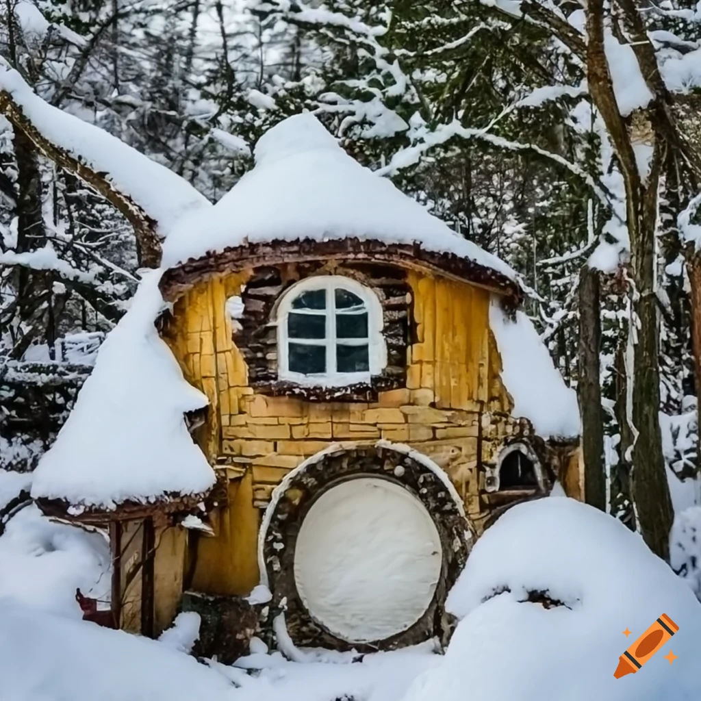 Close up of a snowy mushroom fairy hobbit house on Craiyon