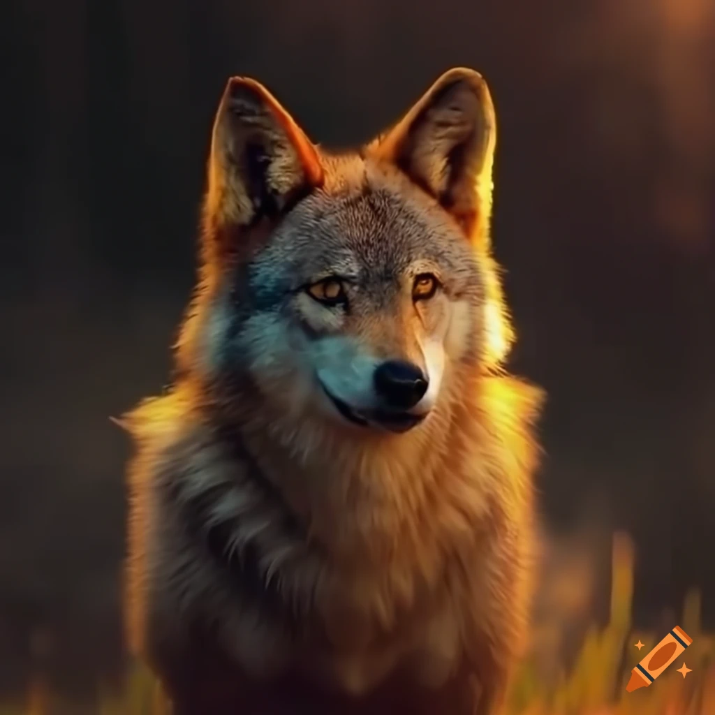 Wolf with gray and oxidized copper fur in a forested tundra at night on ...