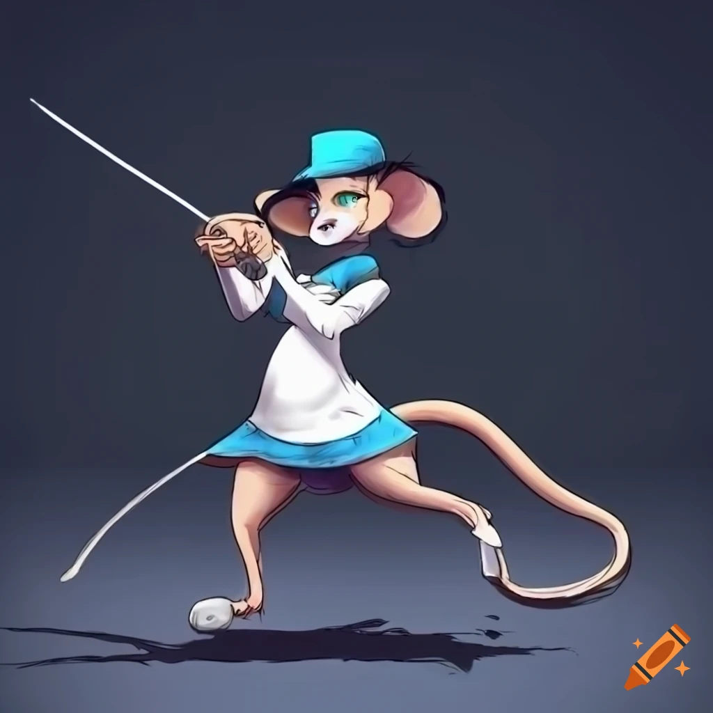Art of a female anthro mouse fencer with a black hat on Craiyon