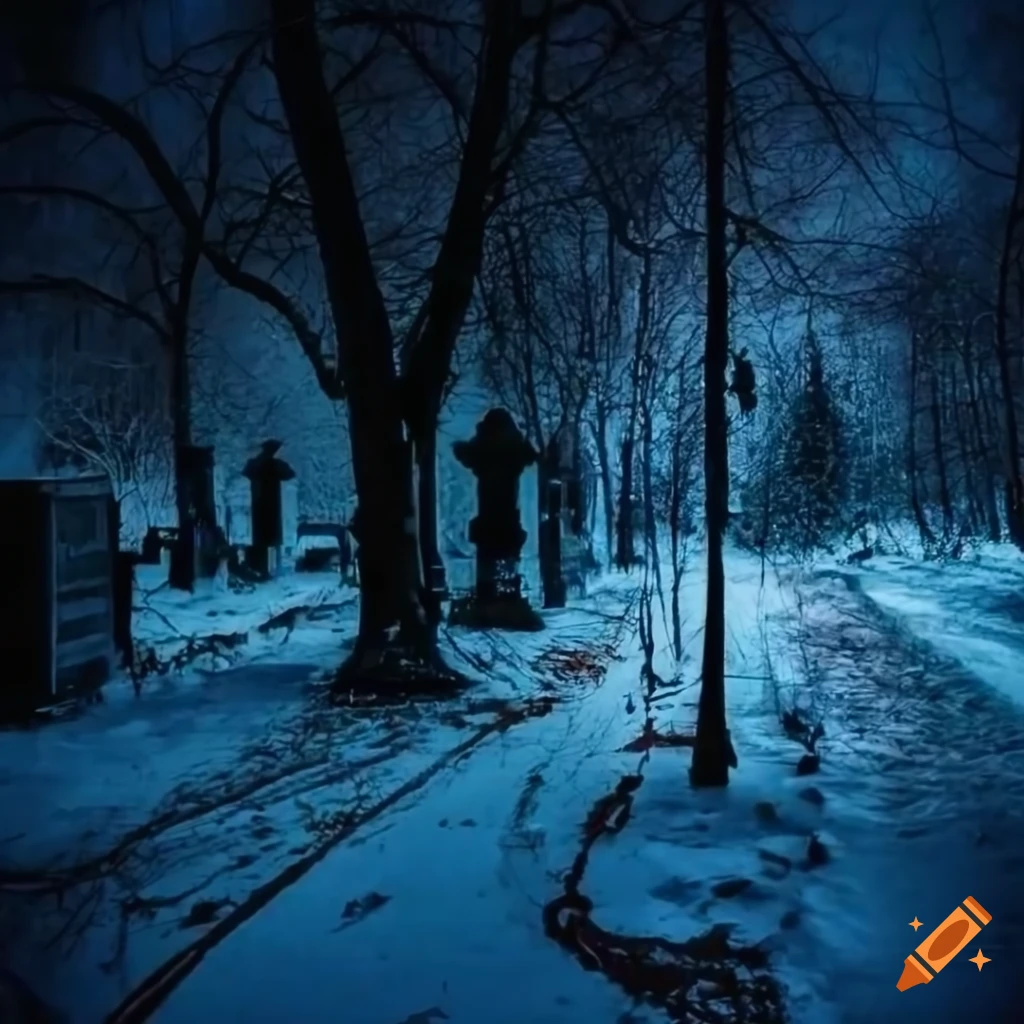Night scene in a snowy cemetery