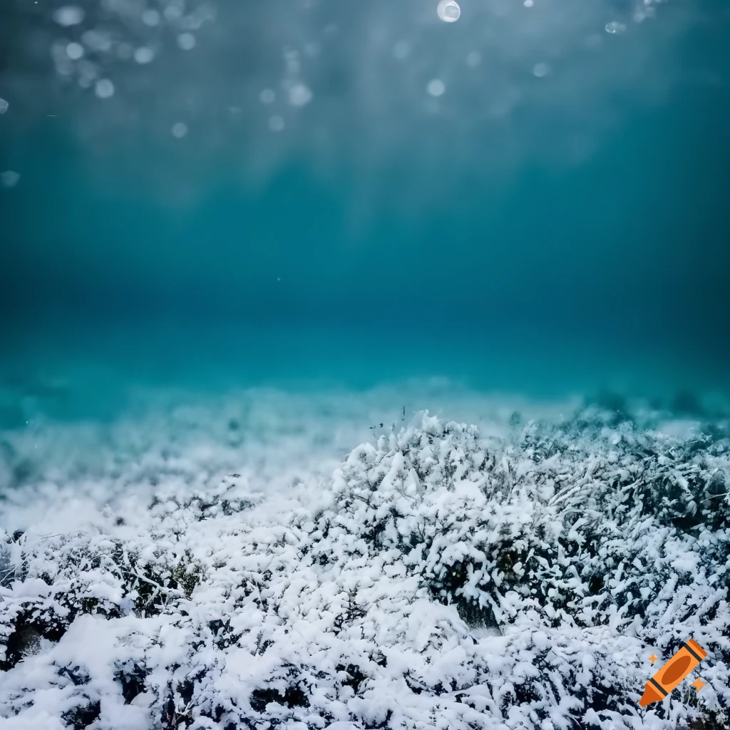 Photorealistic snowy marine vegetation and fish underwater