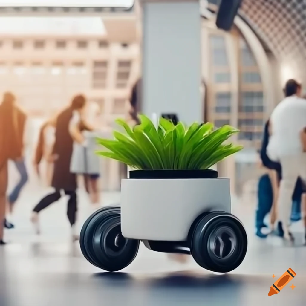 Photograph of a robotic plant pot with wheels in a modern space on Craiyon