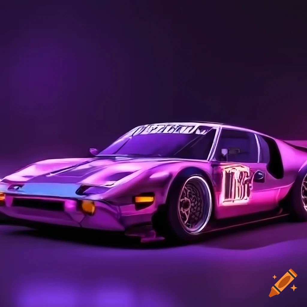 Retro sports car with neon lights in a cyberpunk setting on Craiyon