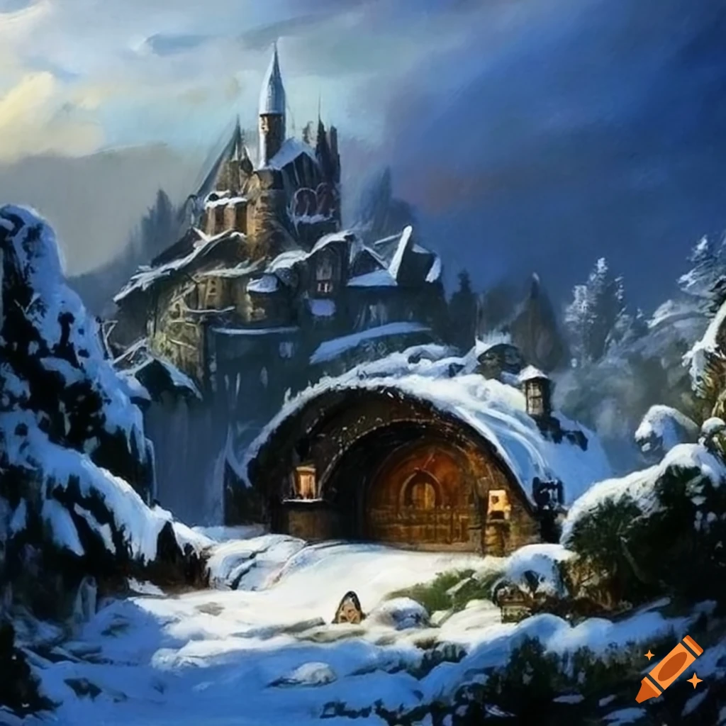 Oil painting of a snowy hobbit castle on Craiyon