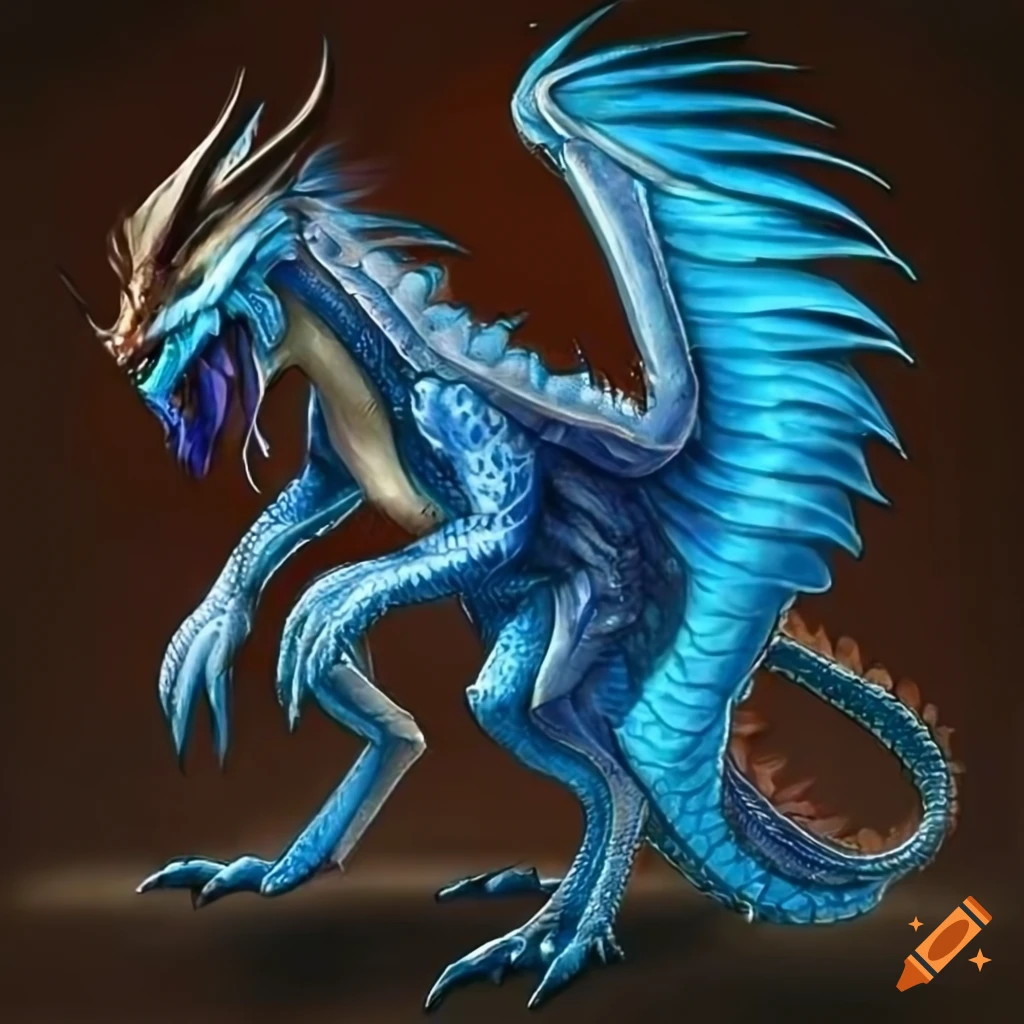 Illustration of a fierce blue dragon with fiery breath on Craiyon