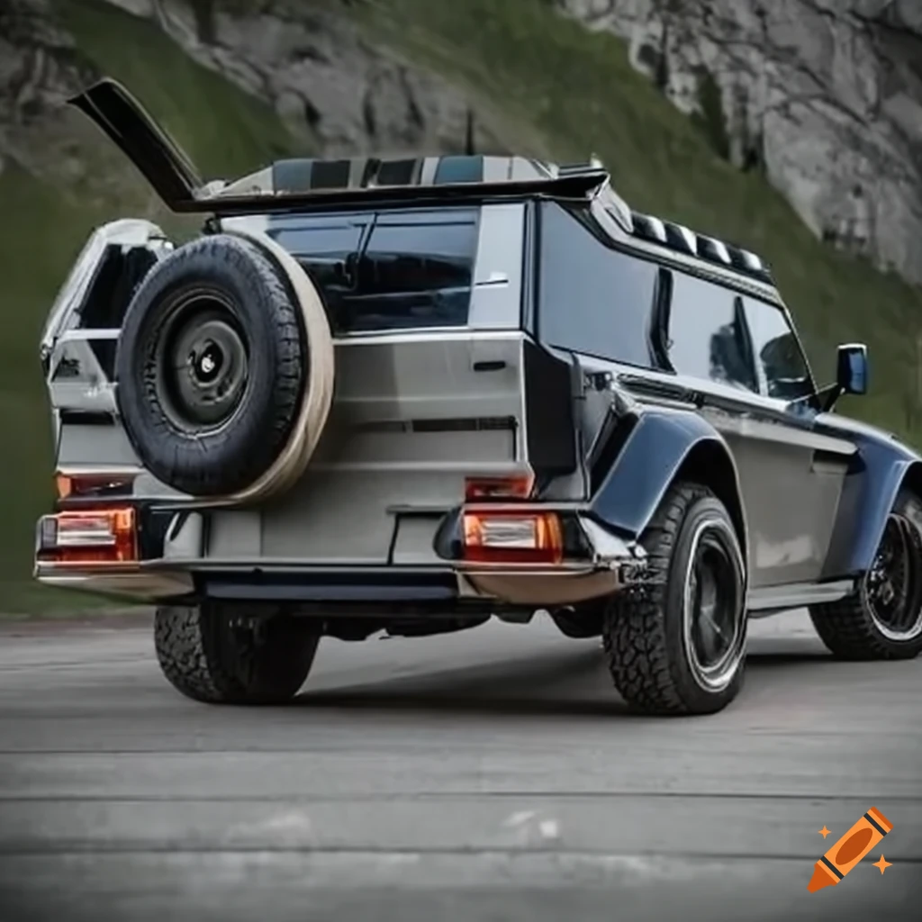 Rear view of an armored BMW with Lamborghini LM002 body on Craiyon