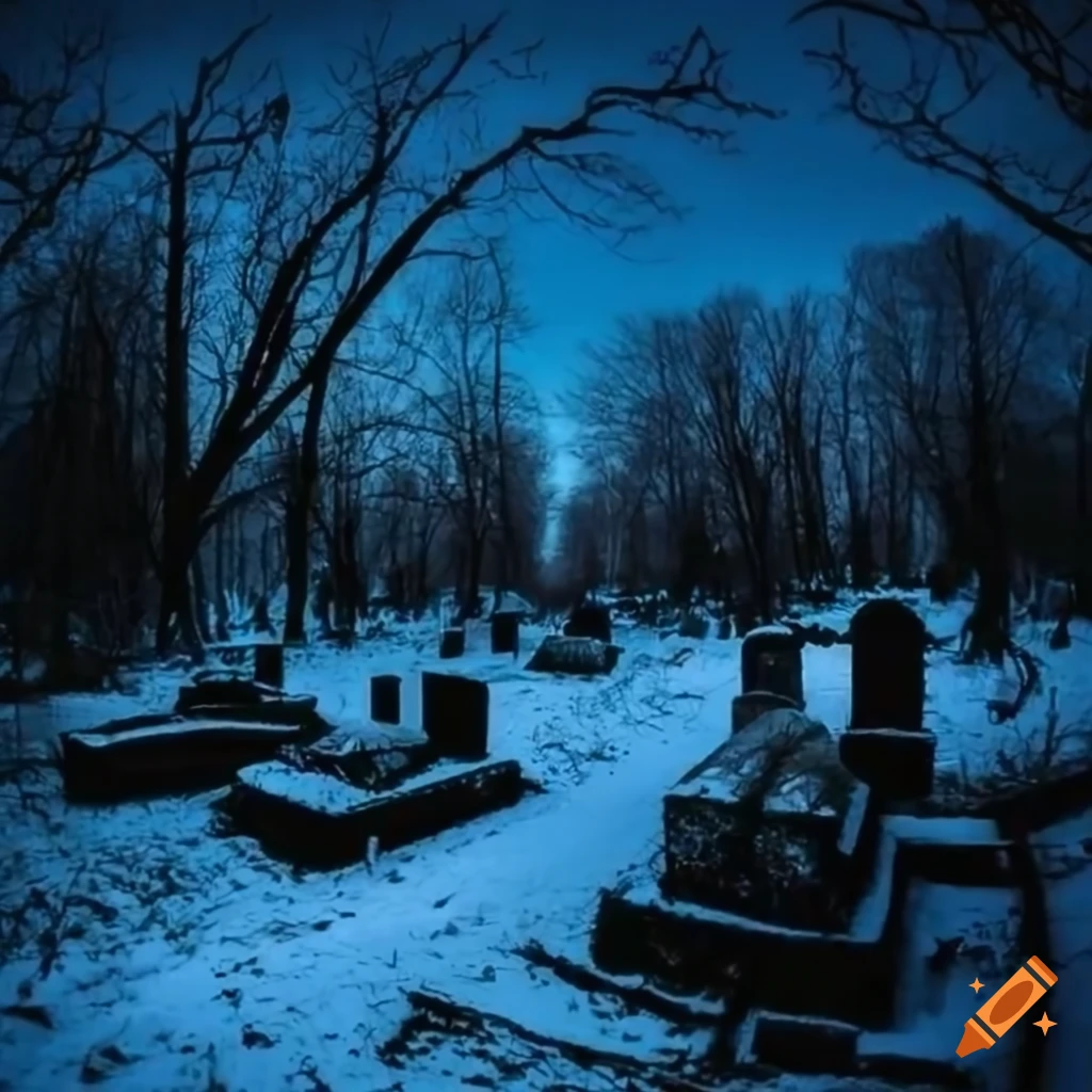 Night scene of a cemetery in winter on Craiyon