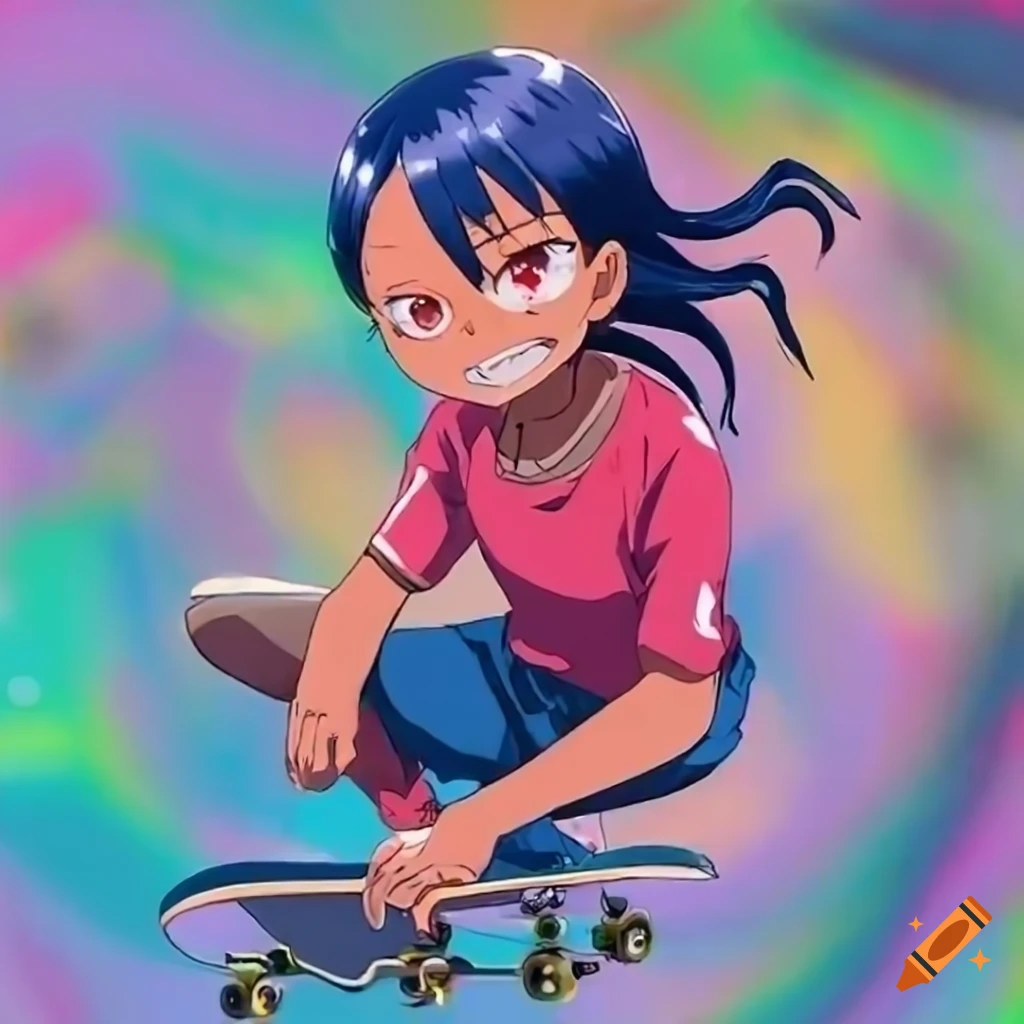 Anime character skateboarding in a vibrant park