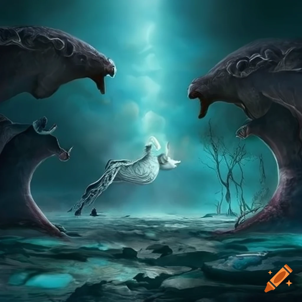 Illustration of a mystical world with fantastical beasts