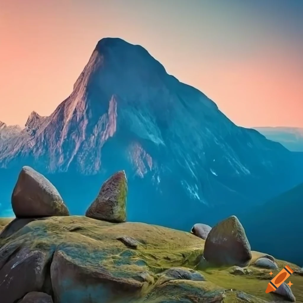 Landscape with a square and a crystal in front of a mountain on Craiyon