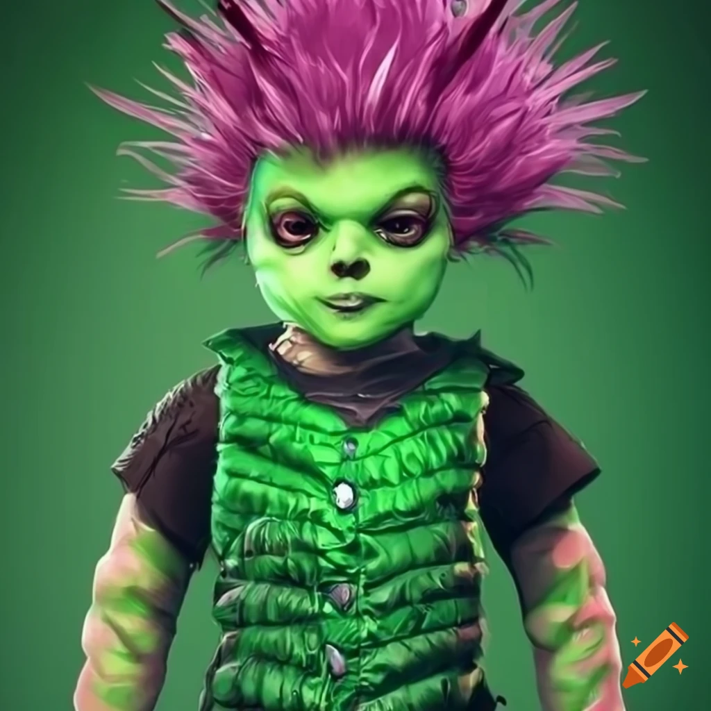 Fun cartoon character with spiked hair and puffy vest on Craiyon