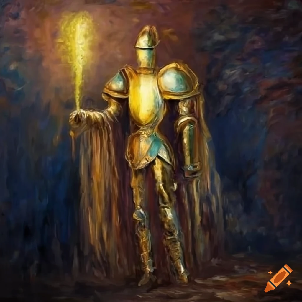 Monet painting of a golden knight in a dark fantasy world on Craiyon