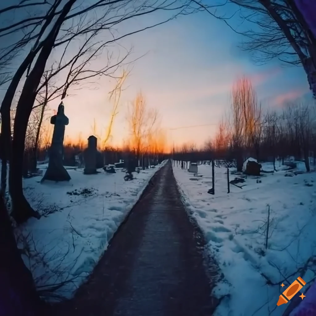 Sunset over a snowy cemetery path on Craiyon