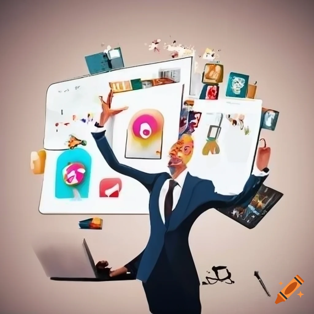 Catchy poster of a media manager multitasking on Craiyon