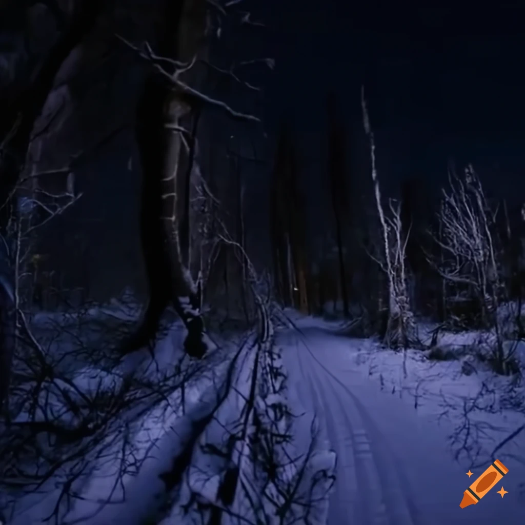 Night scene of snowy field with abandoned shed and distant factory on ...