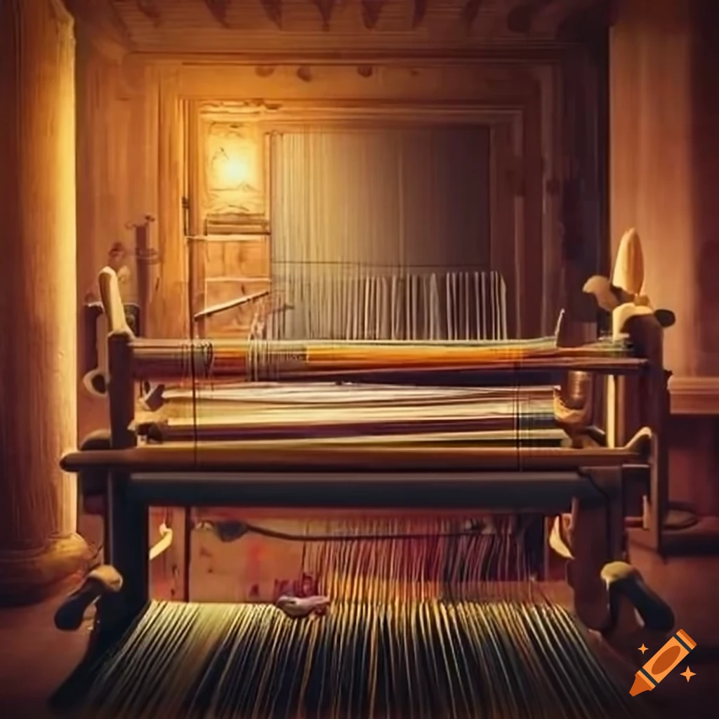 Ancient loom room with clothes in the background on Craiyon