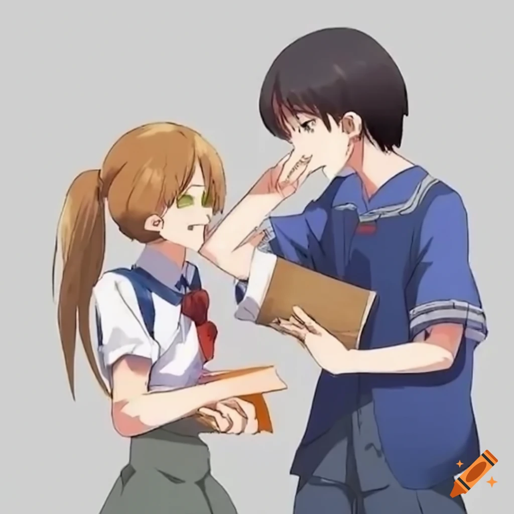 School scene with a girl dropping her books and a boy helping her on ...