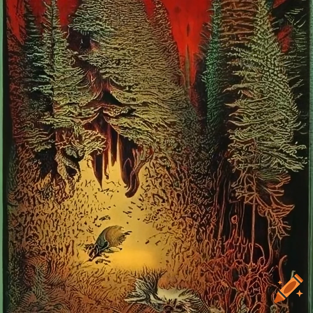 Color serigraph of fantasy creatures and native salish motifs on Craiyon