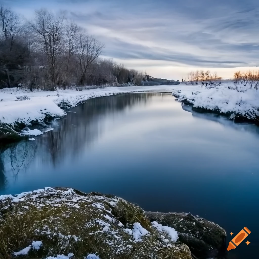 Winter river with water reflections on Craiyon