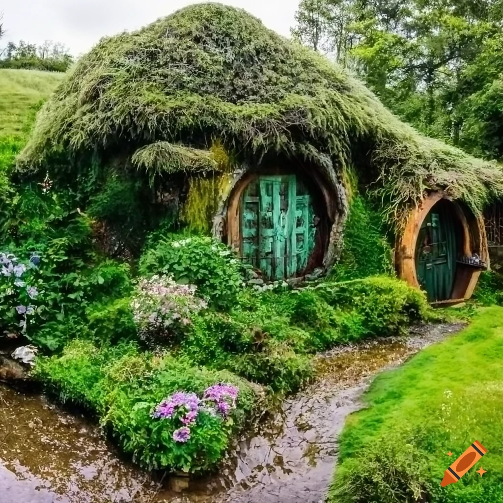 Image of a moss-covered hobbit house surrounded by greenery on Craiyon