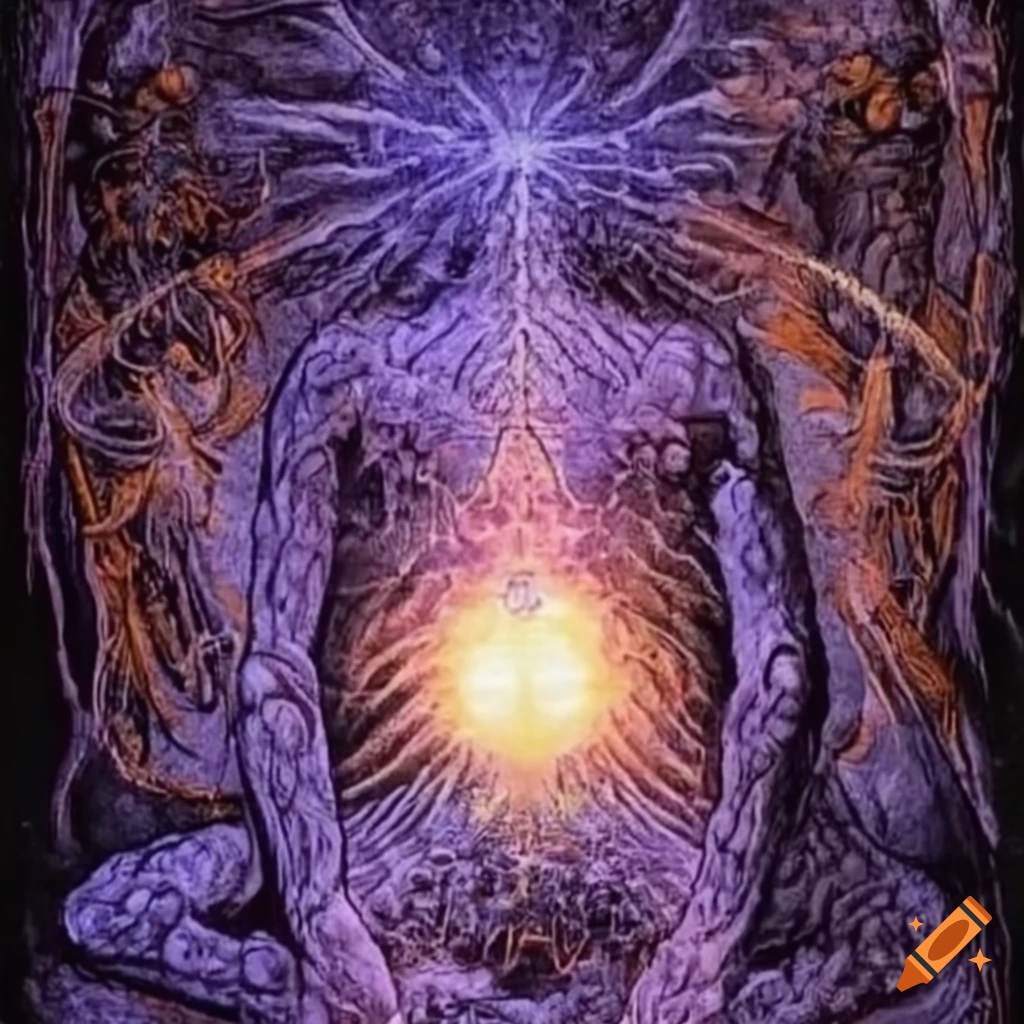 Artwork of a hermit meeting a god in the ether realm on Craiyon