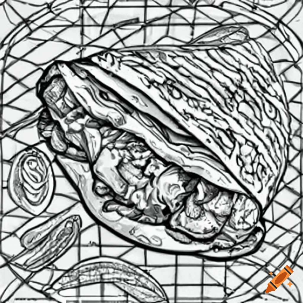 Coloring page of a delicious greek gyro sandwich on Craiyon