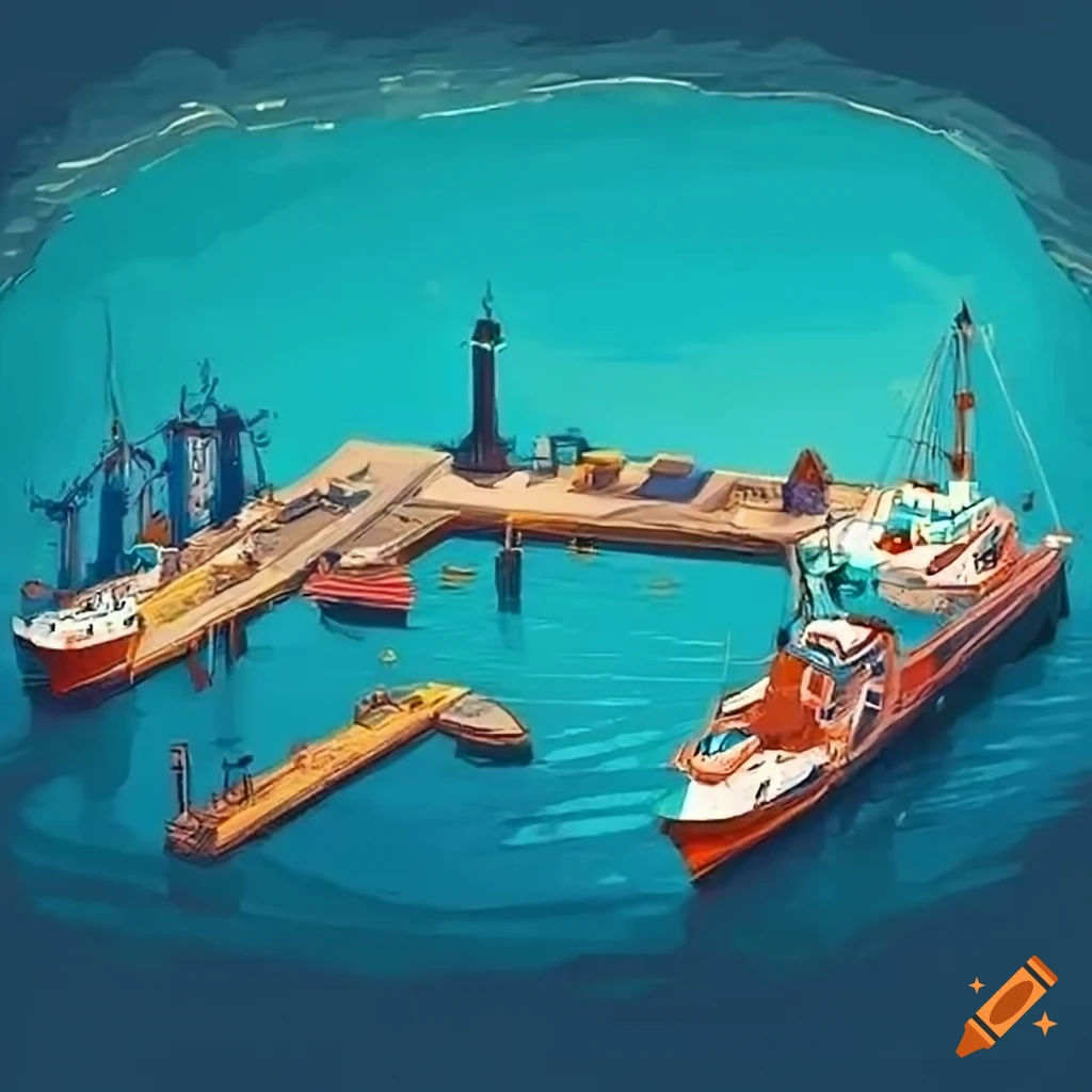 Isometric view of a harbor with docked ships on Craiyon