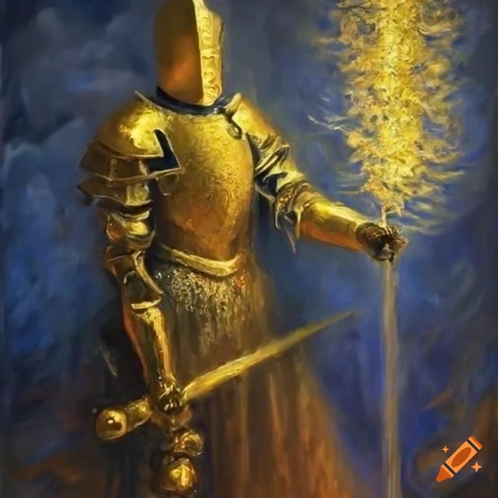 Monet painting of a golden knight in a dark fantasy world