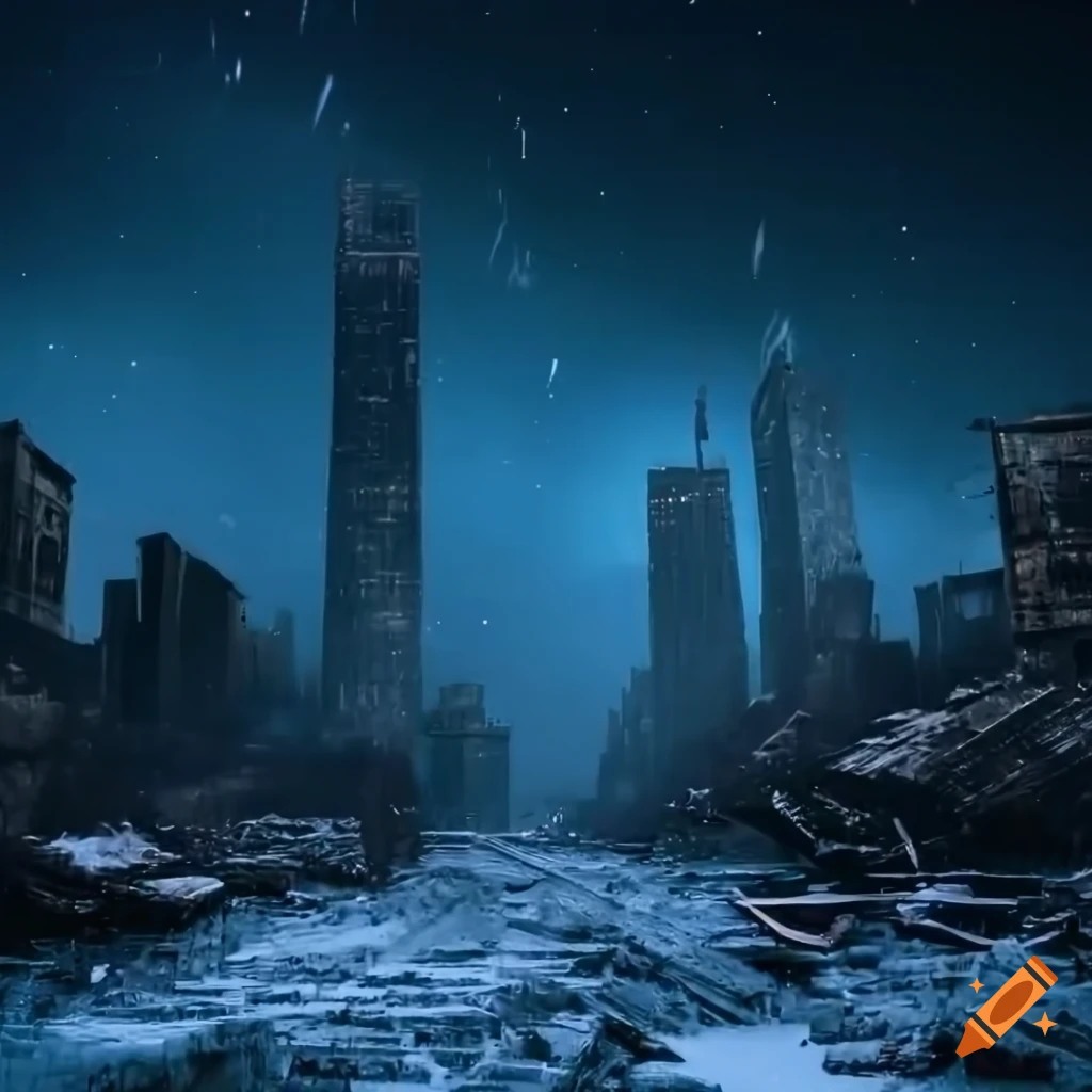 Wide-angle view of a frozen abandoned scifi city with fallen ...