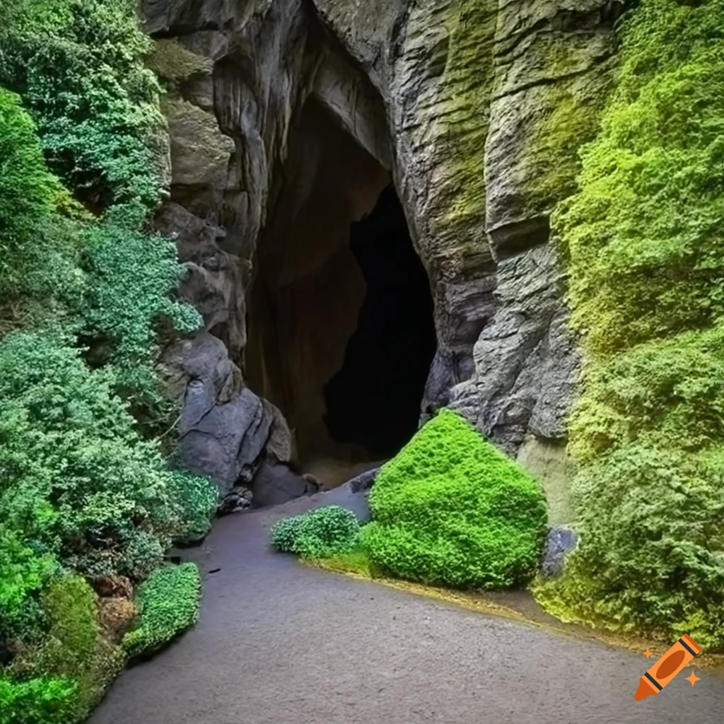 Image of a cave entrance with steep rock walls and lawns on Craiyon