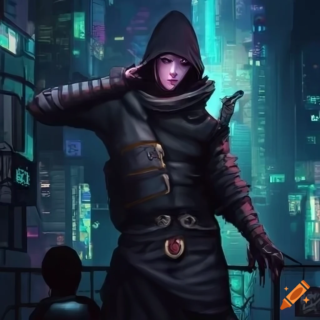 Cyberpunk art of a young assassin in a futuristic city on Craiyon