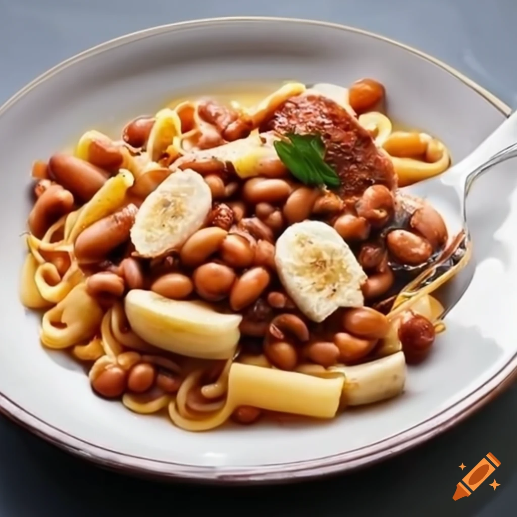 Vegetarian pasta dish with banana and baked beans