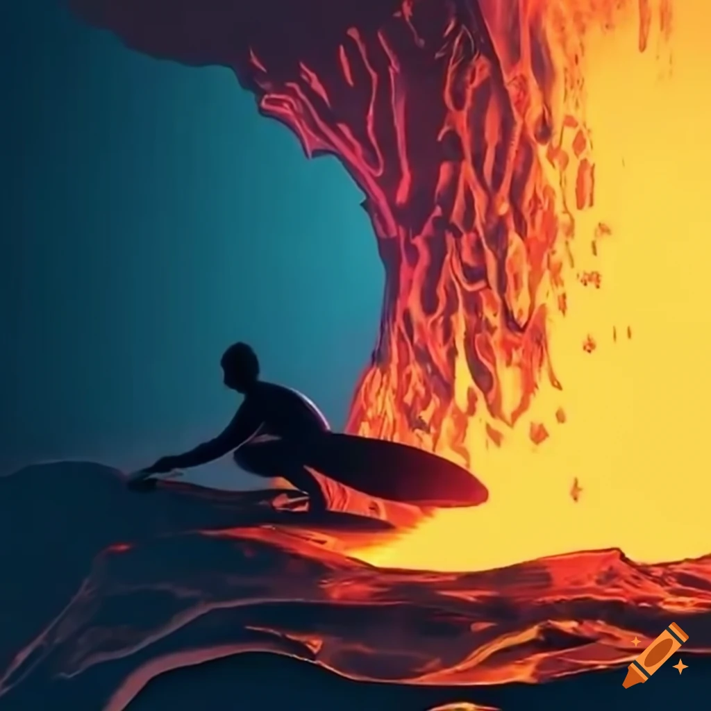 Surfer riding a wave near a volcano