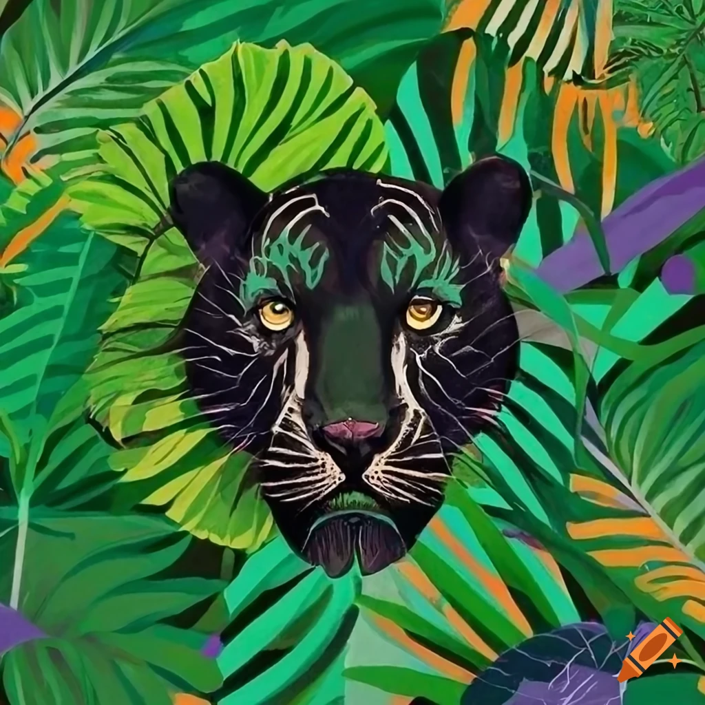 Jungle painting with animals, trees, and hills on Craiyon