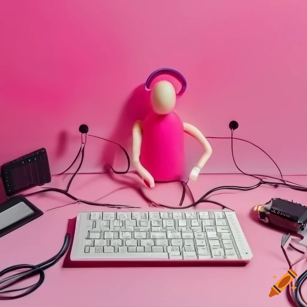 Pink-haired figure surrounded by computers and mushrooms on Craiyon