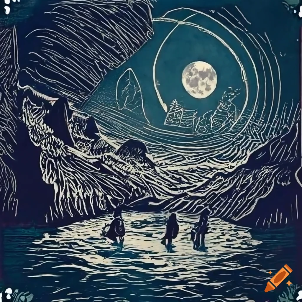 Linocut illustration of magical creatures on a moon trip on Craiyon