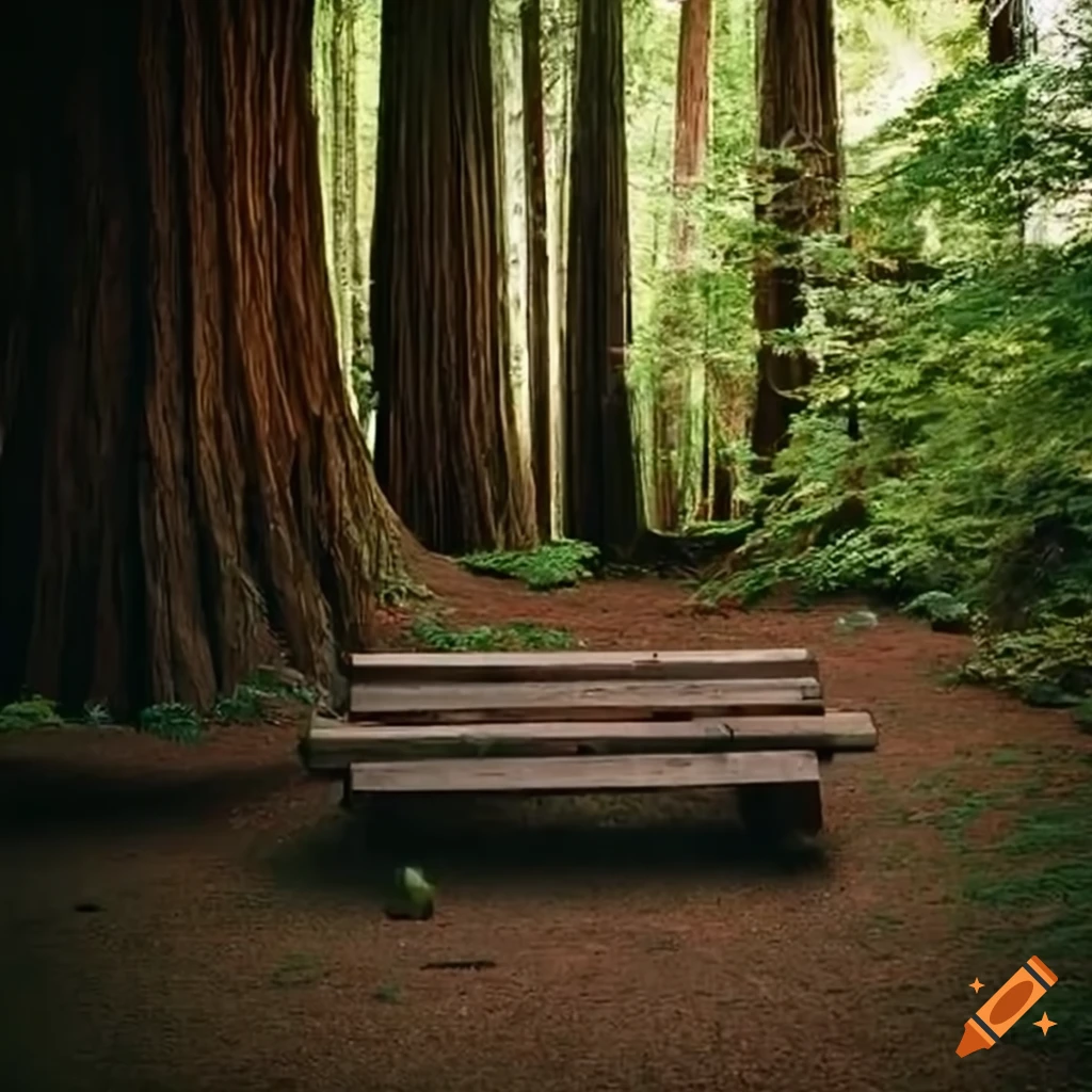 Serene redwood forest with wildflowers and a wooden bench