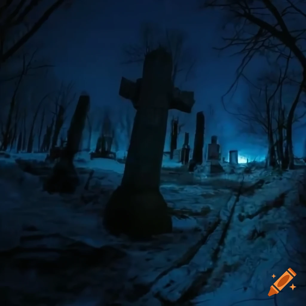 Dark night scene in a cemetery during winter