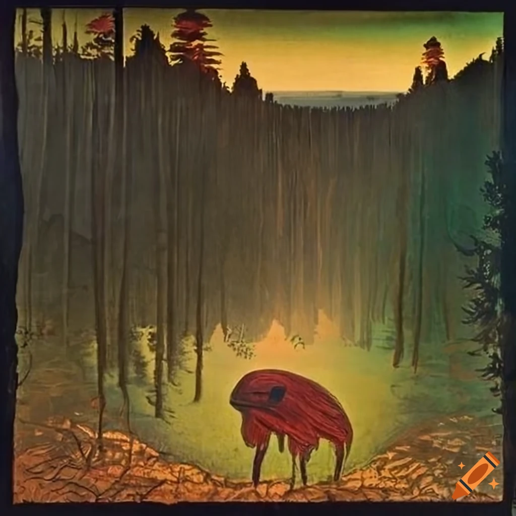 Serigraph artwork of a fantasy jungle landscape with native designs on ...